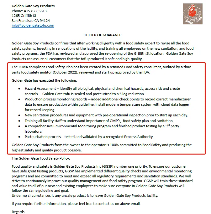 Golden Gate Soy Products's Commitment to Quality and Technological ...